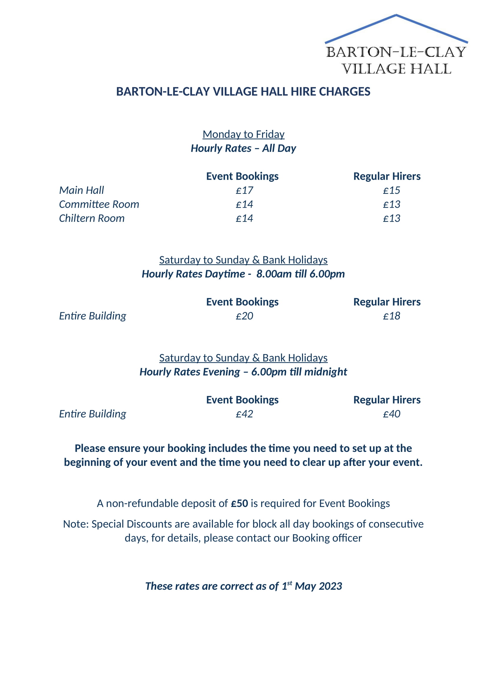 Hire Charges Barton le Clay Village Hall Hire Charges Barton le Clay Village Hall