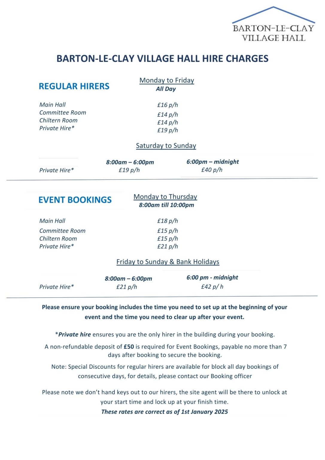 Hire Charges – Barton-le-Clay Village Hall